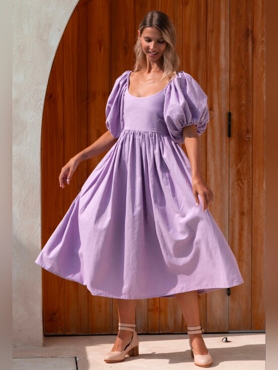 ELF | Dresses | 0 Linen Elf Lavender Puffsleeve Midi Dress | Poshmark